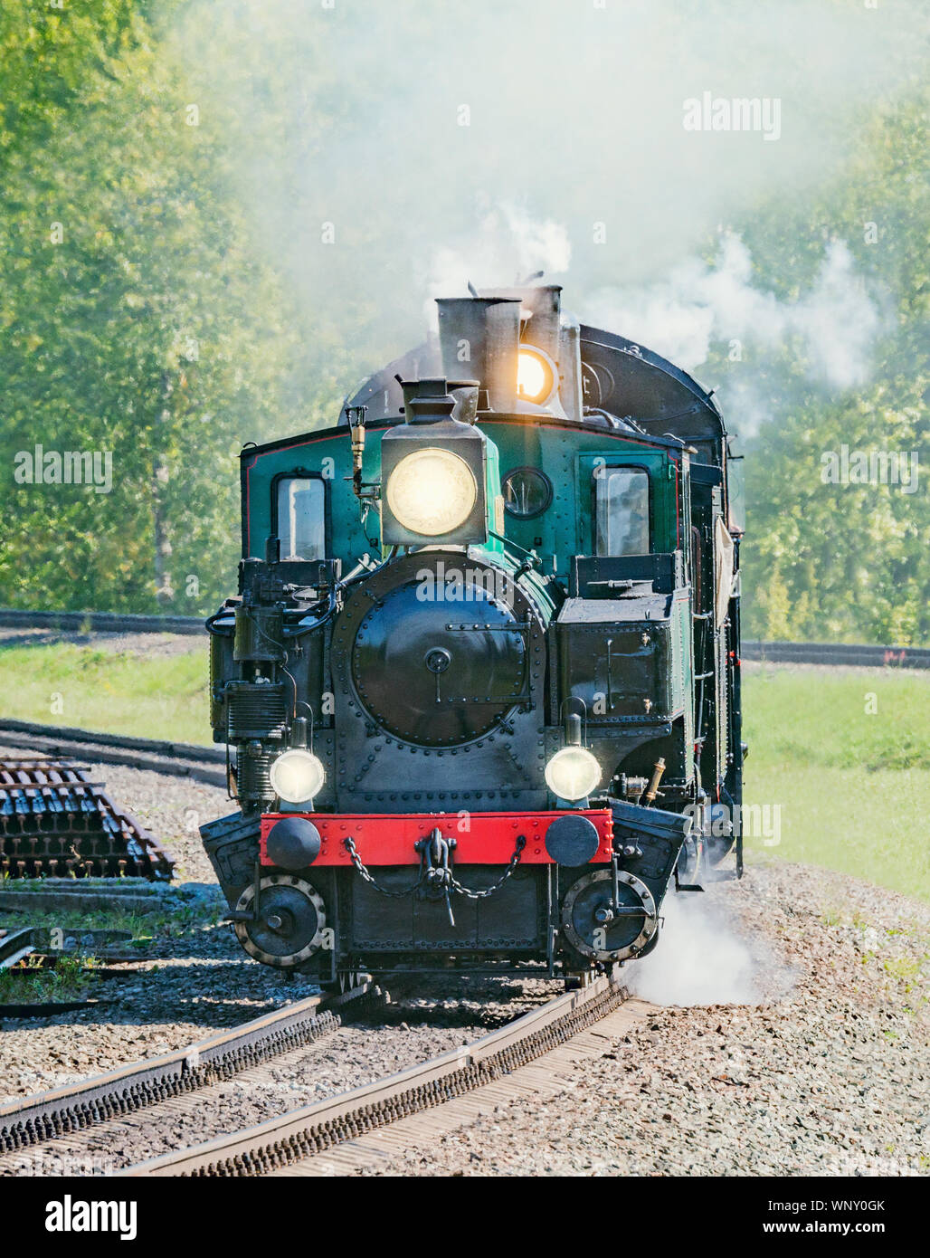 Retro steam freight train departs from the railway station. Moscow ...