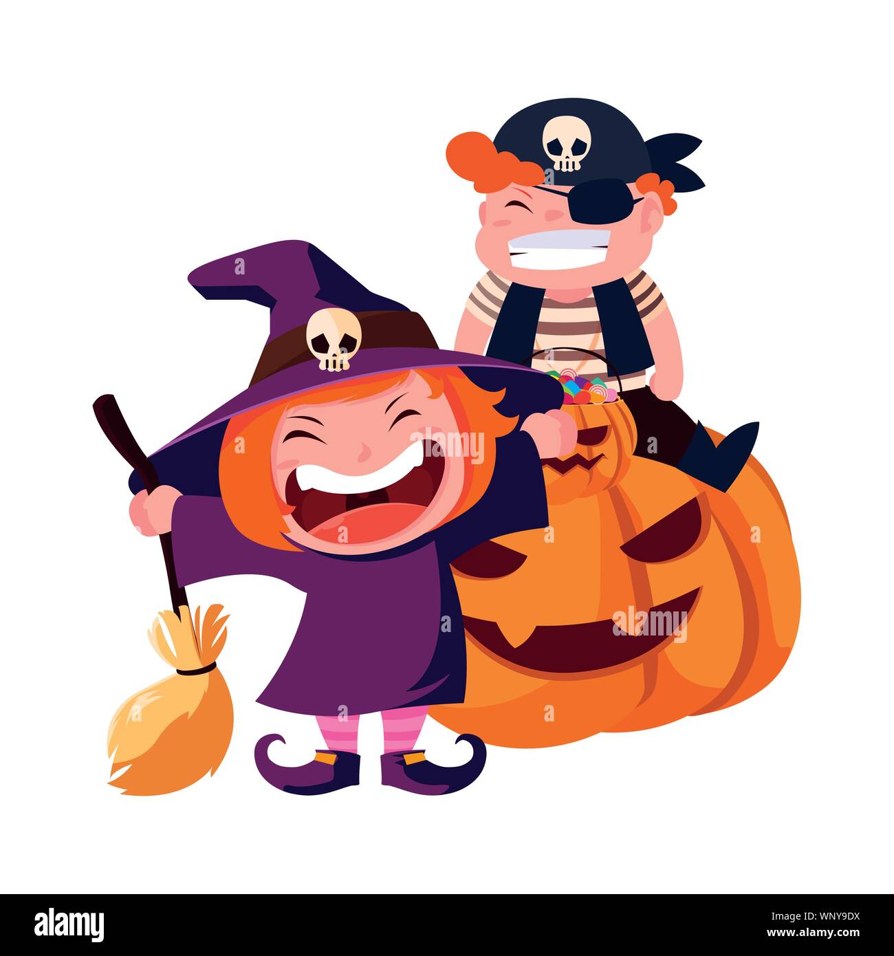 kids in halloween costumes with pumpkins vector illustration Stock ...