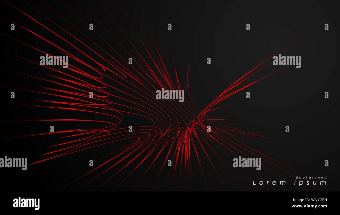 Abstract background of wavy futuristic red lines. The red line forms ...