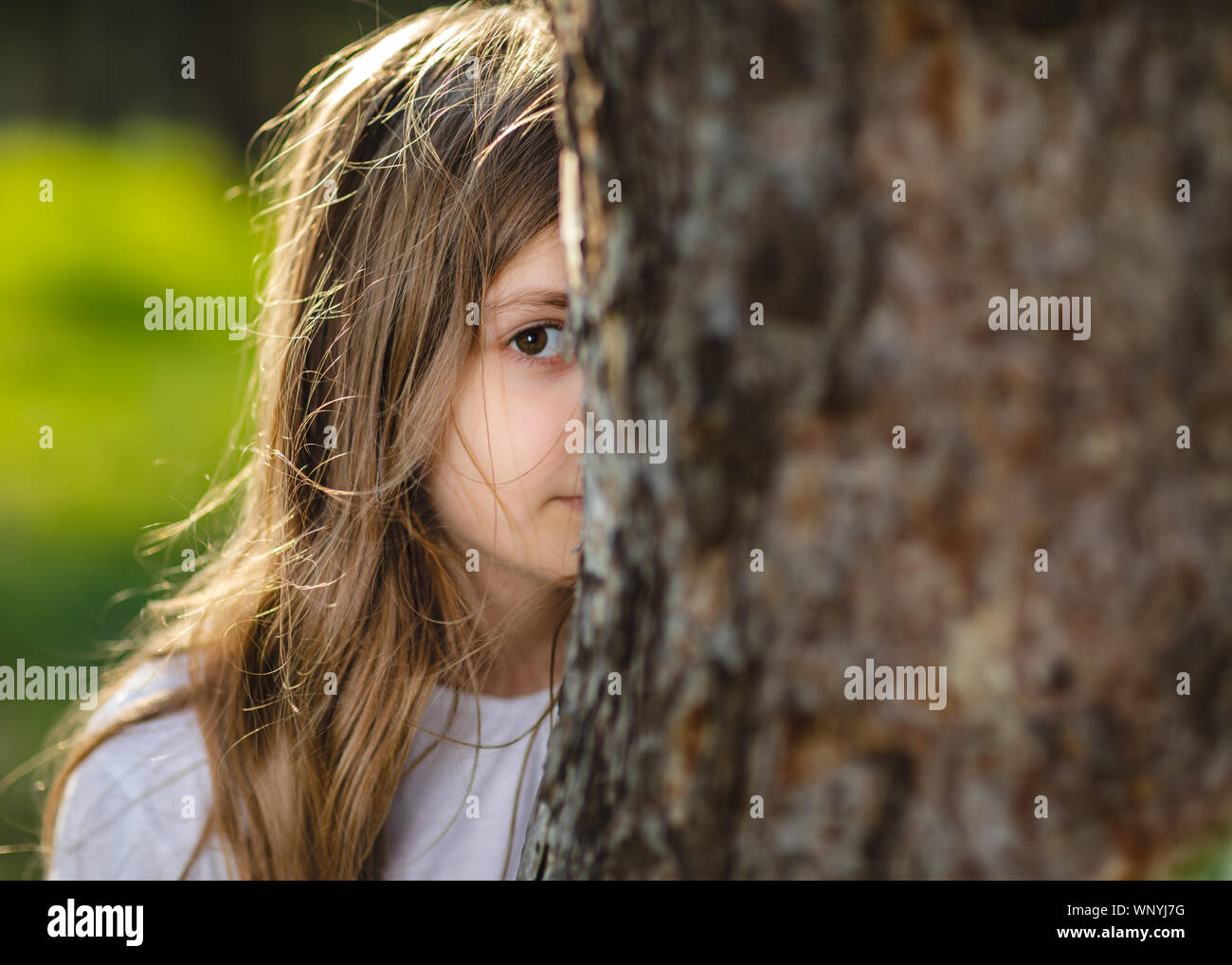 Young girl hiding behind the tree. Portrait of young girl behind the ...