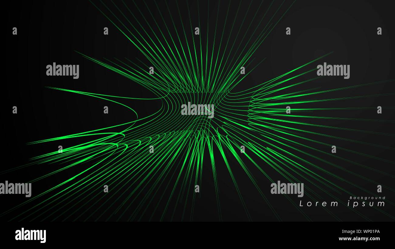 Abstract background of wavy futuristic green lines. The green line ...