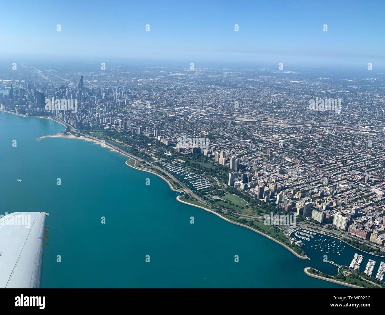 Looking down from a plane on Chicago, Illinois, and Lake Michigan Stock ...
