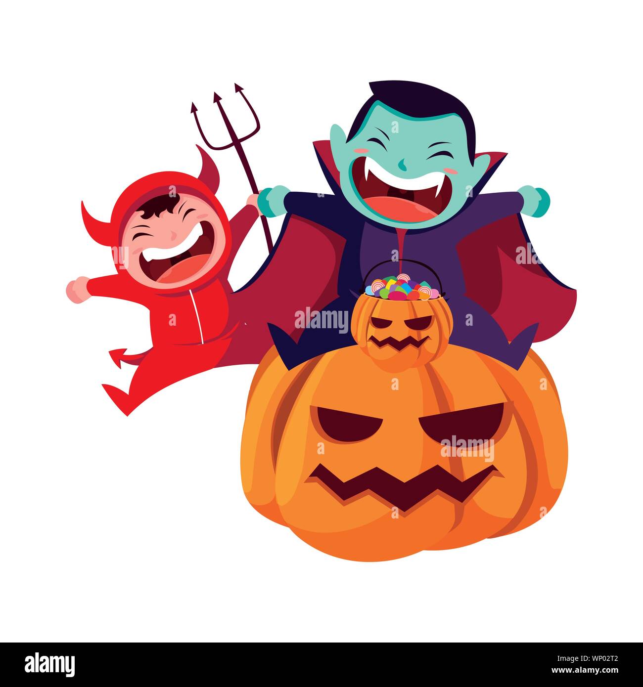 boys in halloween dracula devil costume with pumpkins vector ...