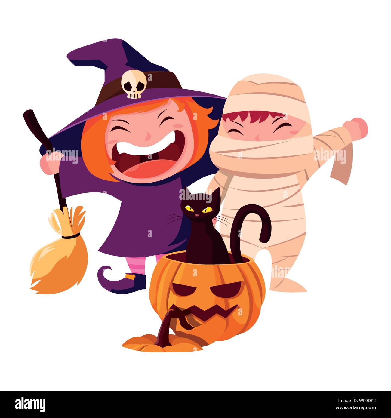 girl witch and mummy boy costume halloween cat pumpkin vector ...