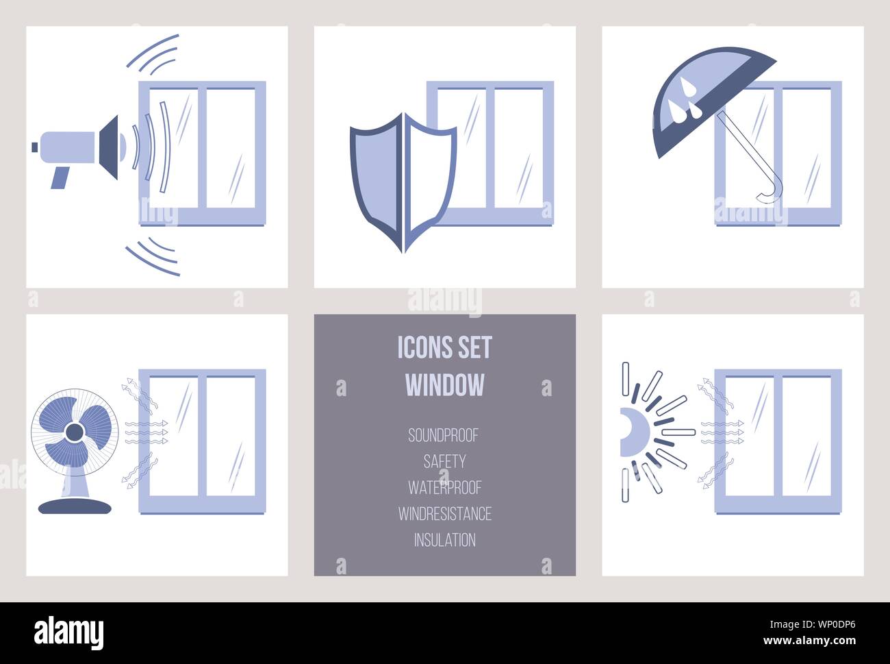 Set of icons of window characteristics safety, waterproof, soundproof ...