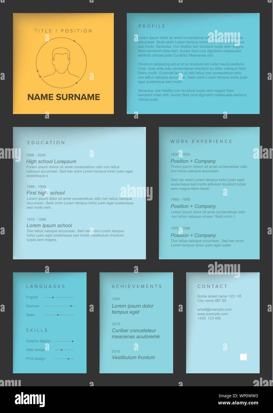 Vector dark minimalist cv / resume template with blue blocks design ...