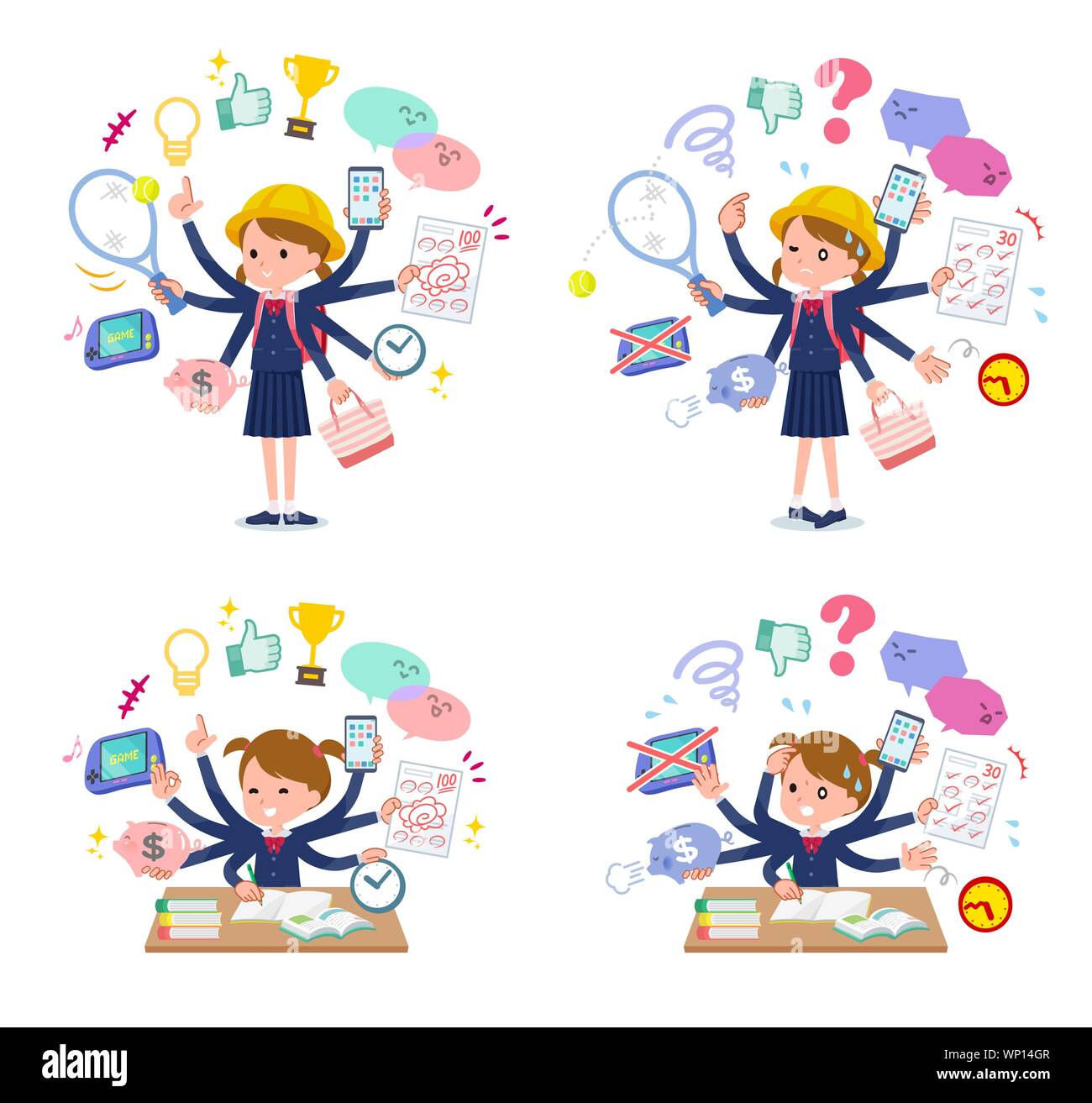 A set of girls carrying school bag who perform multitasking in the ...