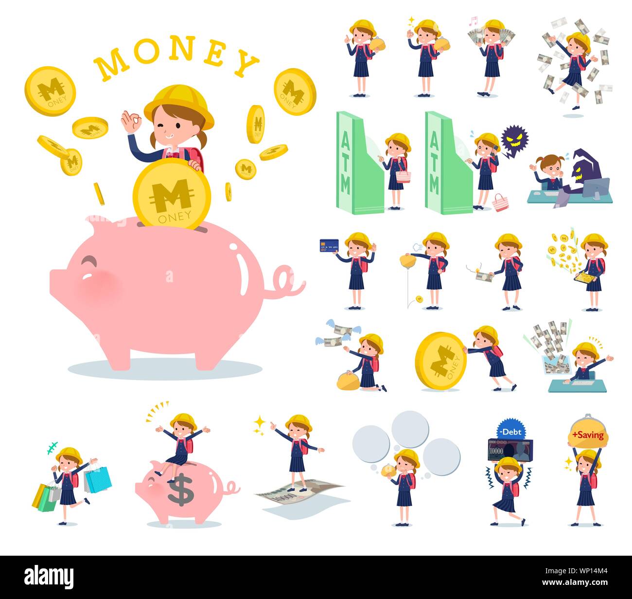 A set of girls carrying school bag with concerning money and economy ...