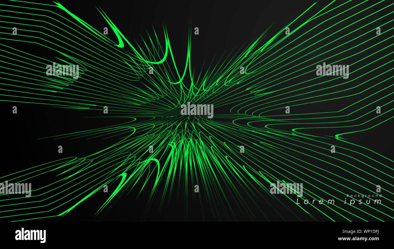 Abstract background of wavy futuristic green lines. The green line ...