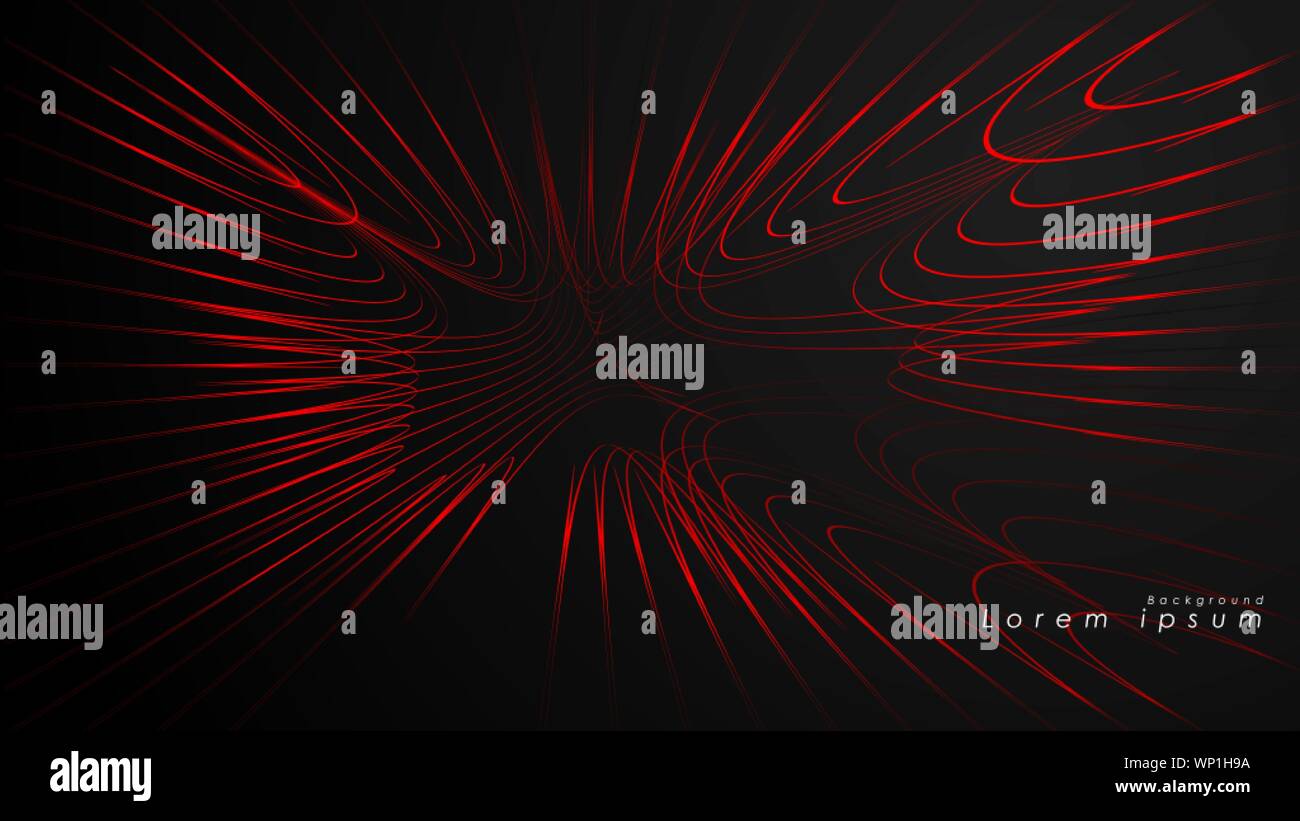 Abstract background of wavy futuristic red lines. The red line forms ...