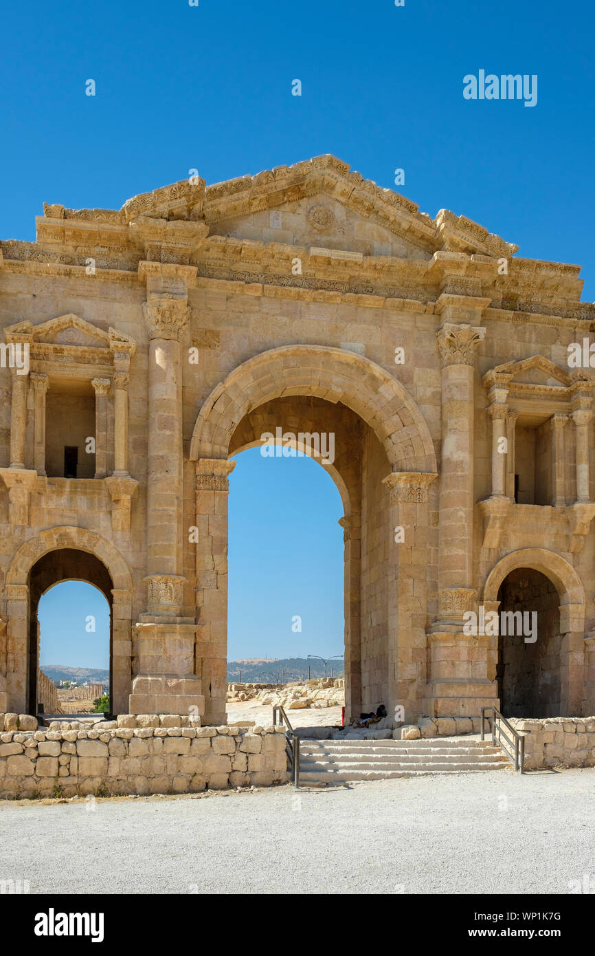 Jordan, Jerash Governorate, Jerash. Arch of Hadrian, a triple-arched ...