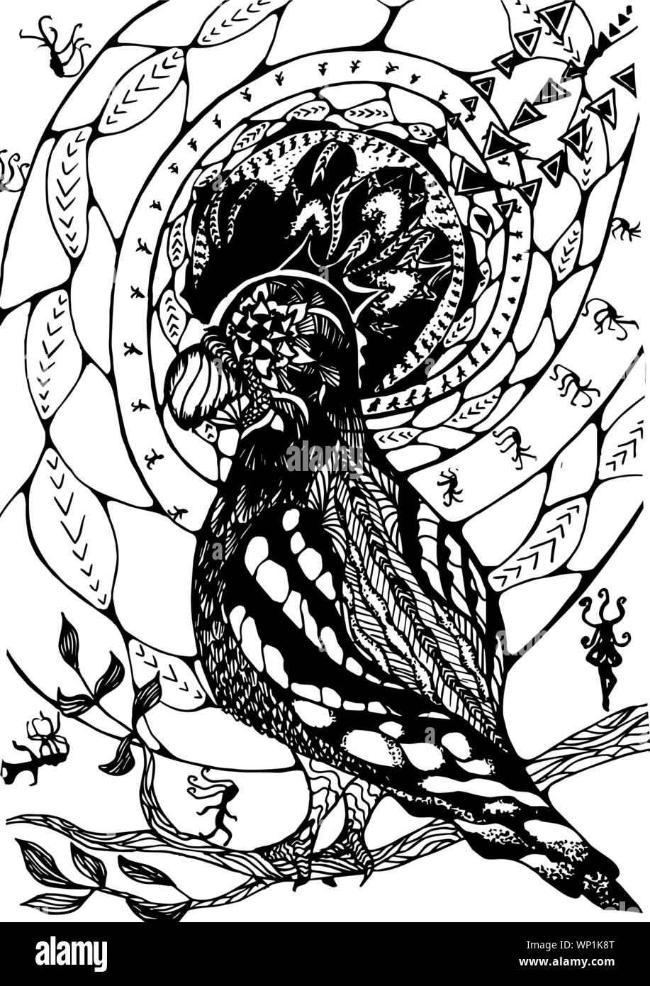 Black white illustration with abstract pattern, psychedelic bird and ...