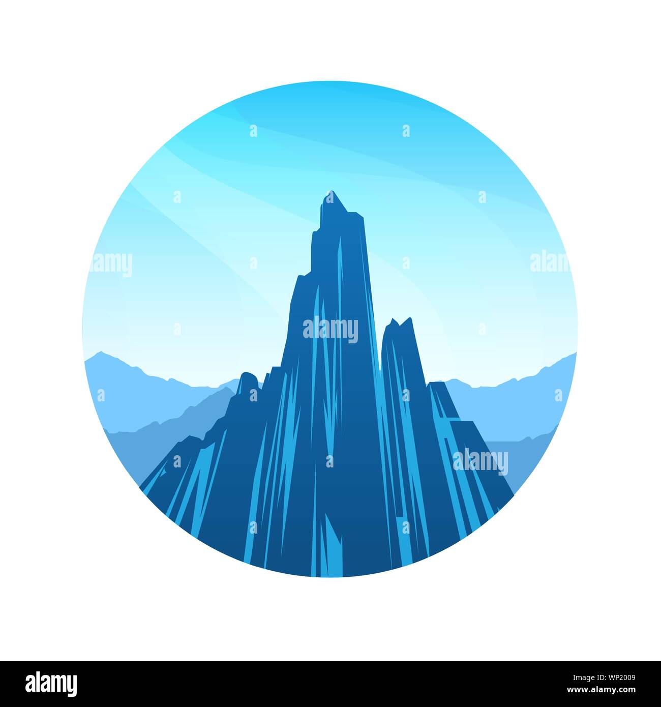 Round outdoor scenic landscape with mountains in blue. Vector ...