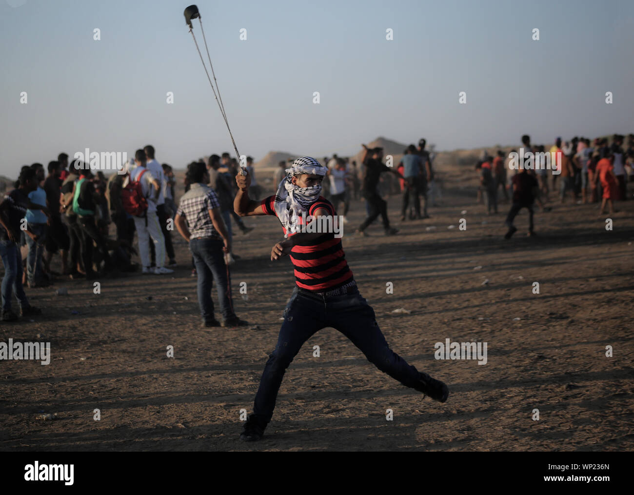 Gaza, Palestine. 06th Sep, 2019. A Palestinian demonstrator uses a ...