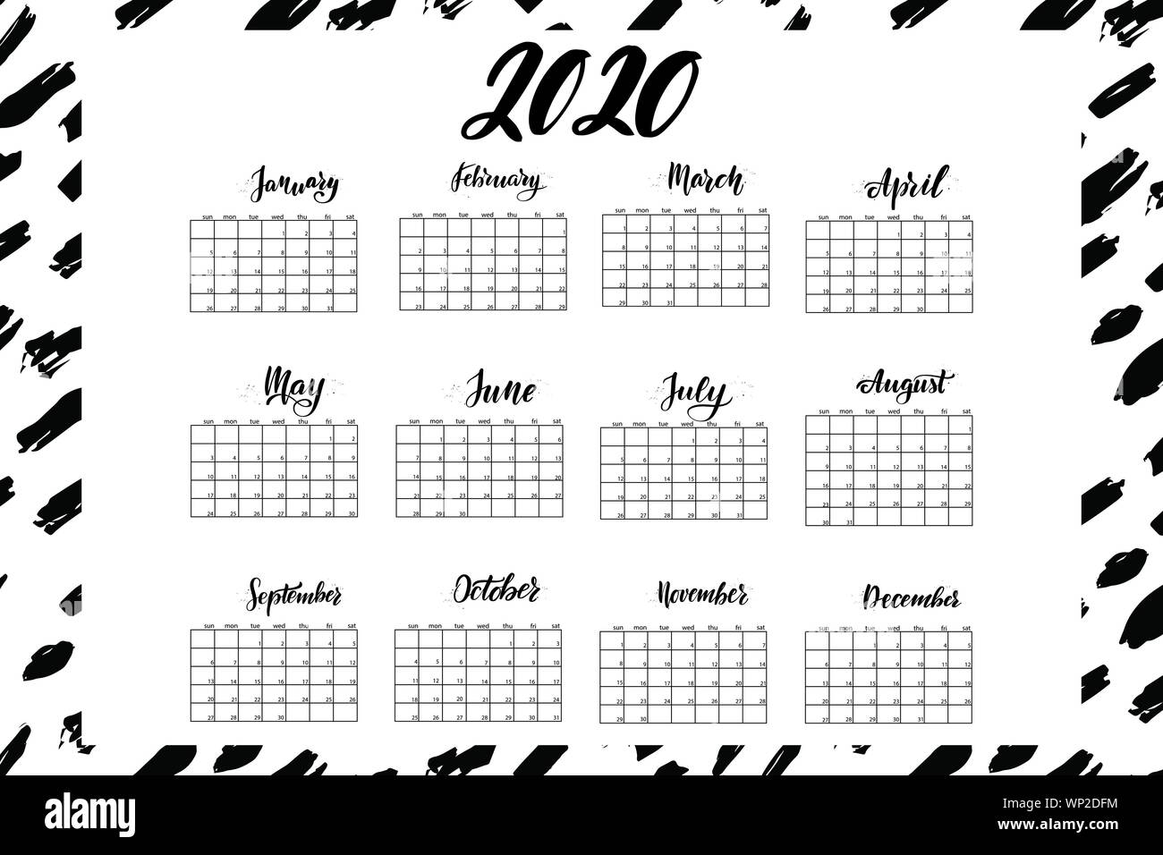 Brush lettering 2020 year wall calendar. English language Stock Vector ...