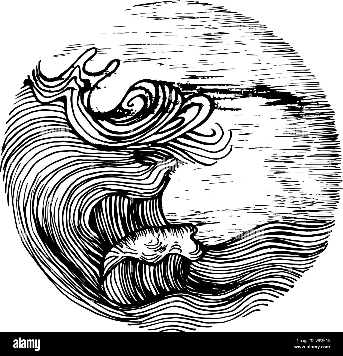 Black white illustration of sea waves and sky in hatching style. Tattoo ...