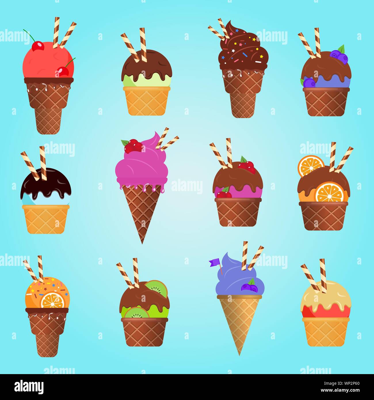 Different ice cream with wafer rolls in waffle cup, dairy product. Ice ...