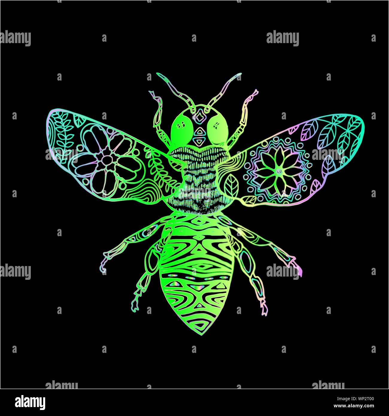 Zentangle style. Color neon illustration of a cosmic bee Stock Vector ...
