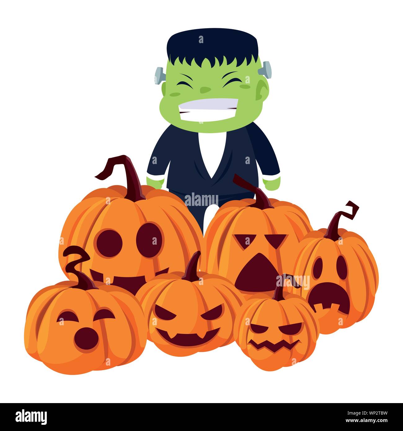 happy boy in halloween frankenstein costume with pumpkins vector ...