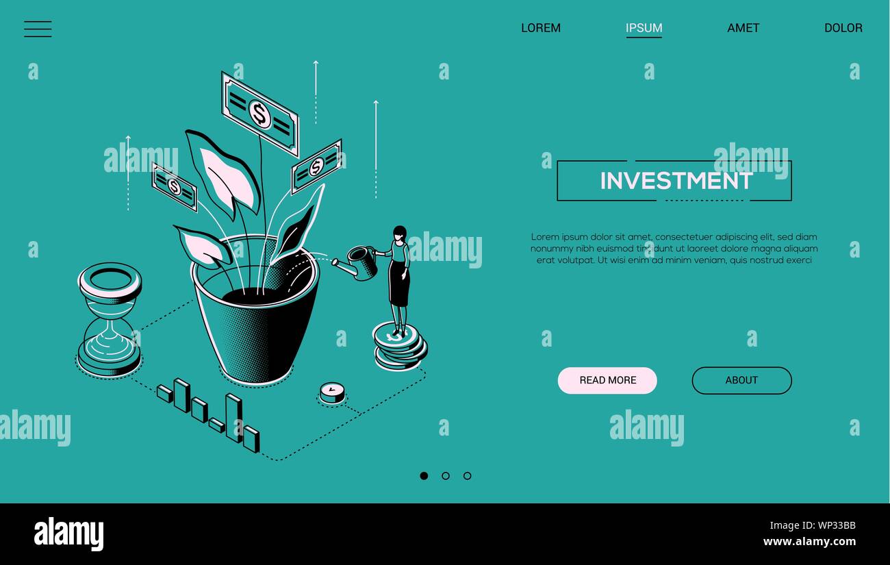Investment - line design style isometric web banner on green background ...