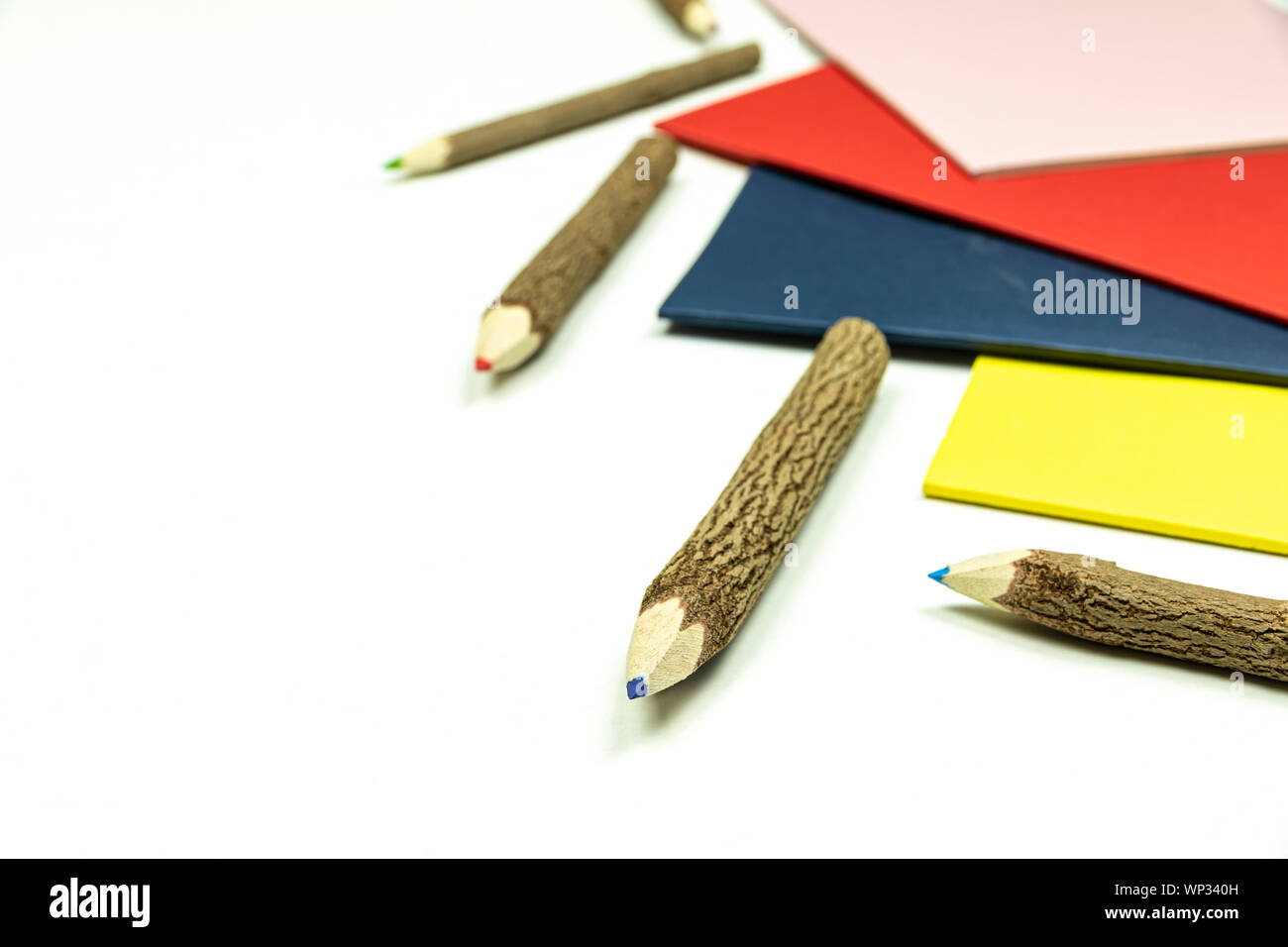 Colored pencils made from branches of trees and colored books isolate ...