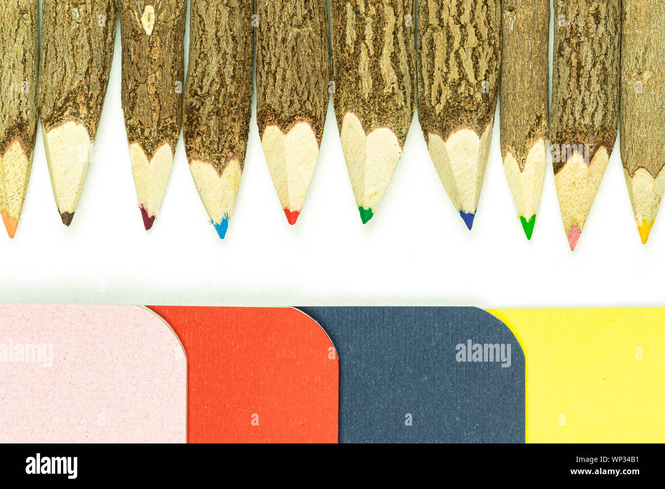 Colored pencils made from branches of trees and colored books isolate ...