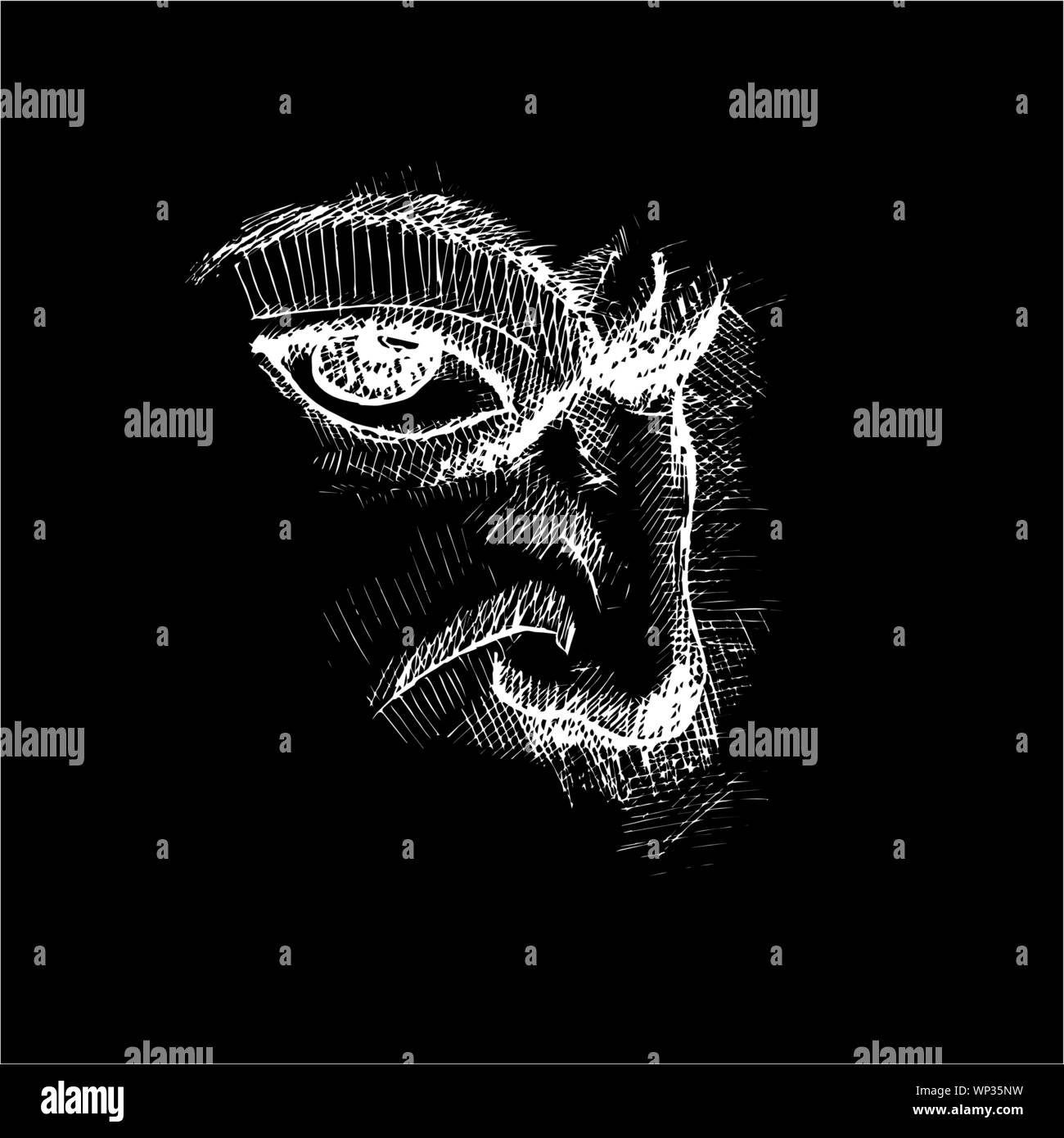 Illustration of eye, nose, frowning eyebrow technique. Chalk on a ...
