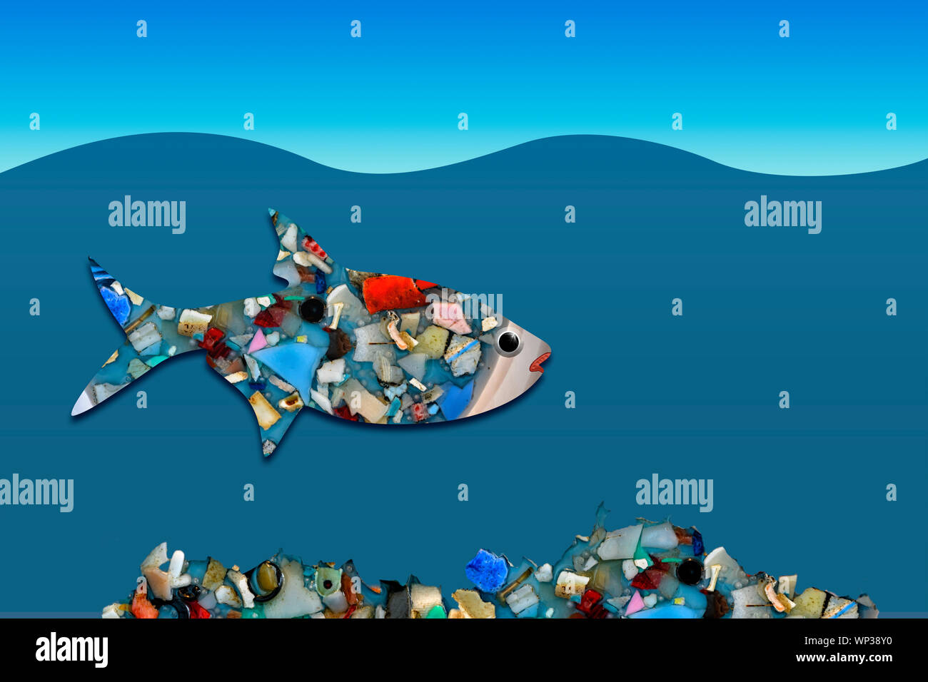 Plastic waste particles floating in the ocean. with fish full of ...