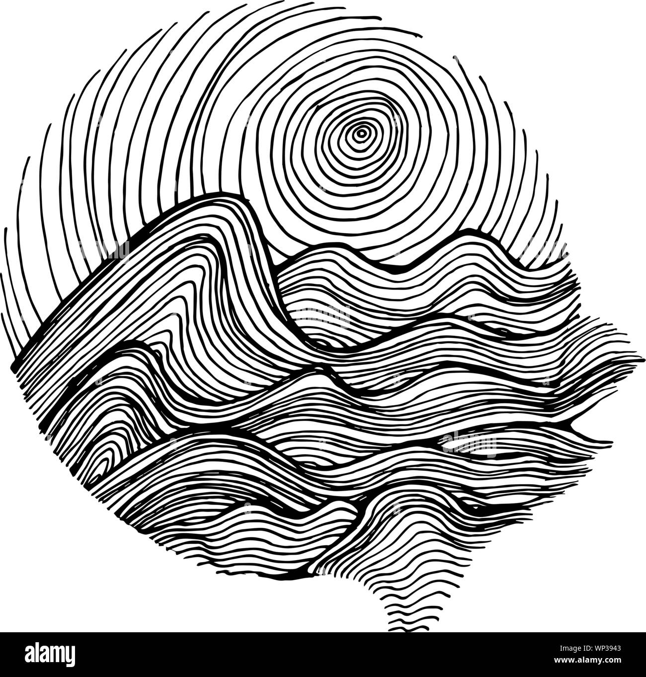 Black white illustration of sea waves and sky in hatching style Stock ...