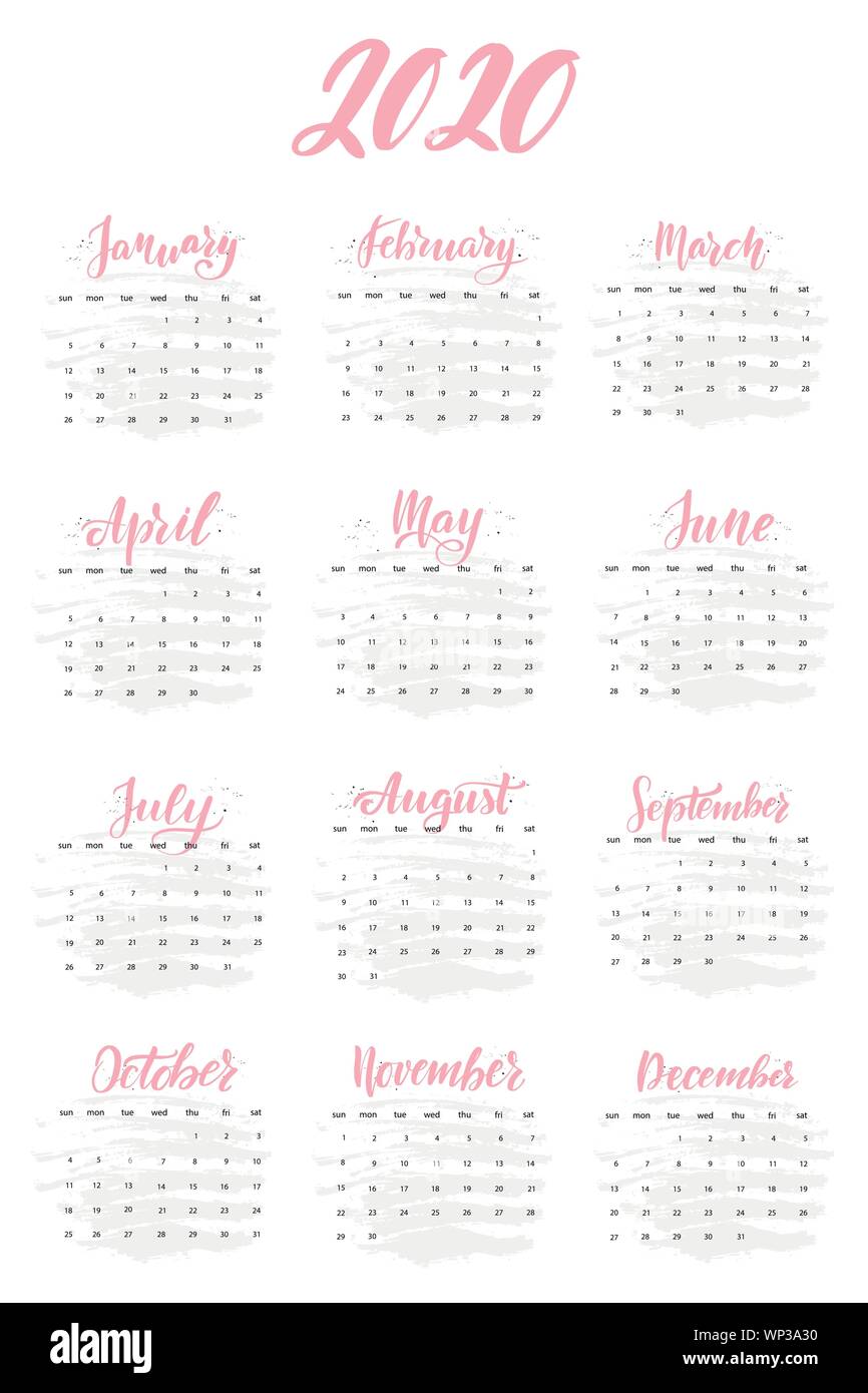 Brush lettering 2020 year wall calendar. English language Stock Vector ...