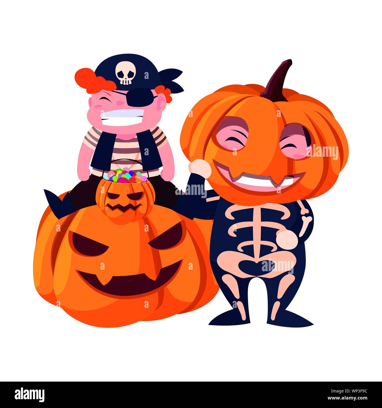 kids in halloween costumes with pumpkins vector illustration Stock ...