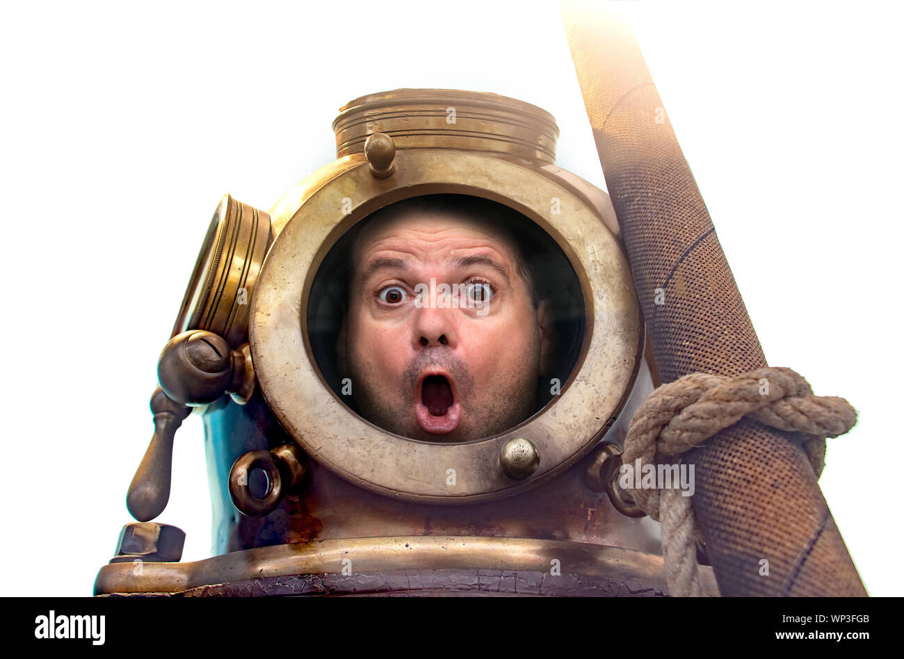 Portrait of man in old diving suit and helmet, isolated on white ...