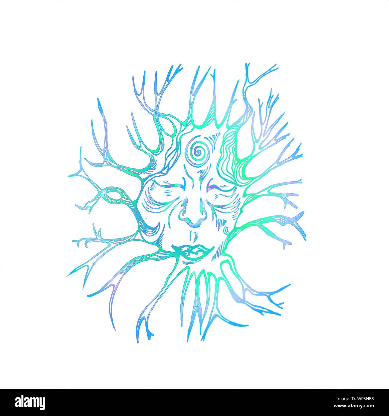 Color illustration of the spirit of the forest. Face with eyes closed ...