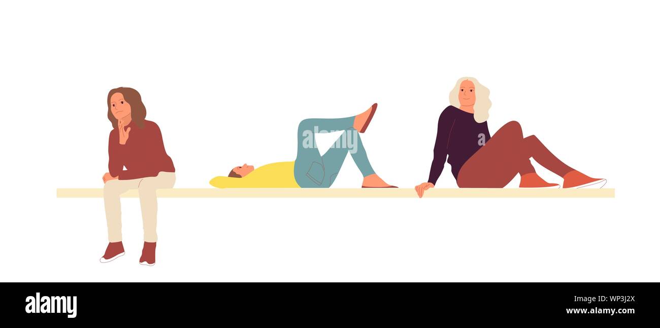 Three young girl characters in casual outfit sitting and lying down on ...