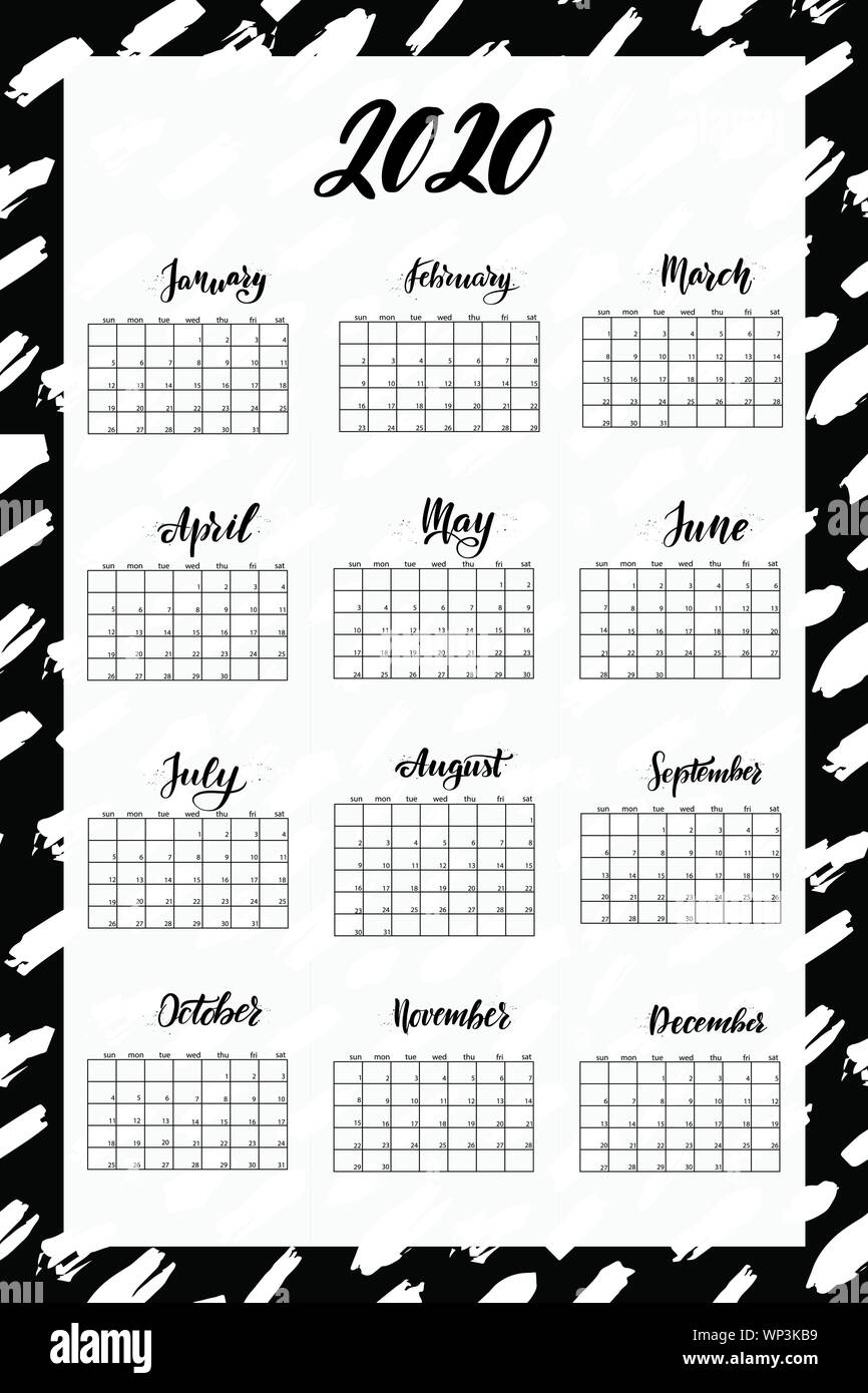 Brush lettering 2020 year wall calendar. English language Stock Vector ...
