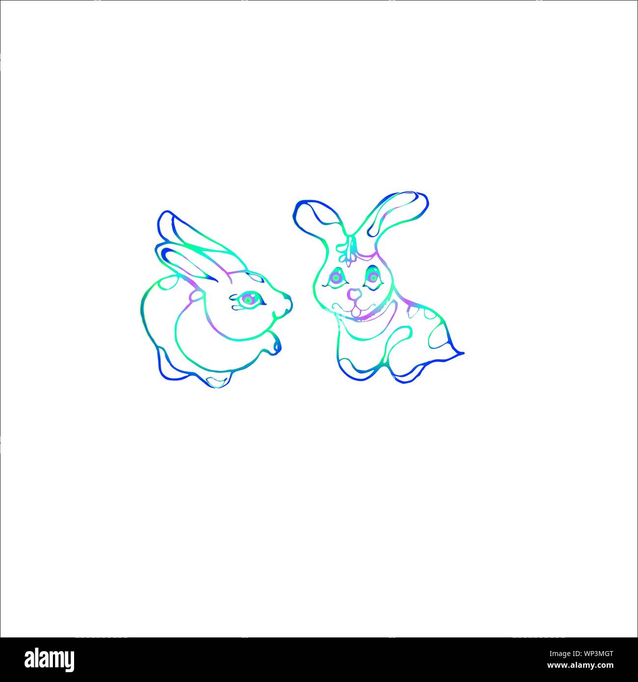 Color illustration of two rabbits in love. Chinese rabbits. Tattoo idea ...