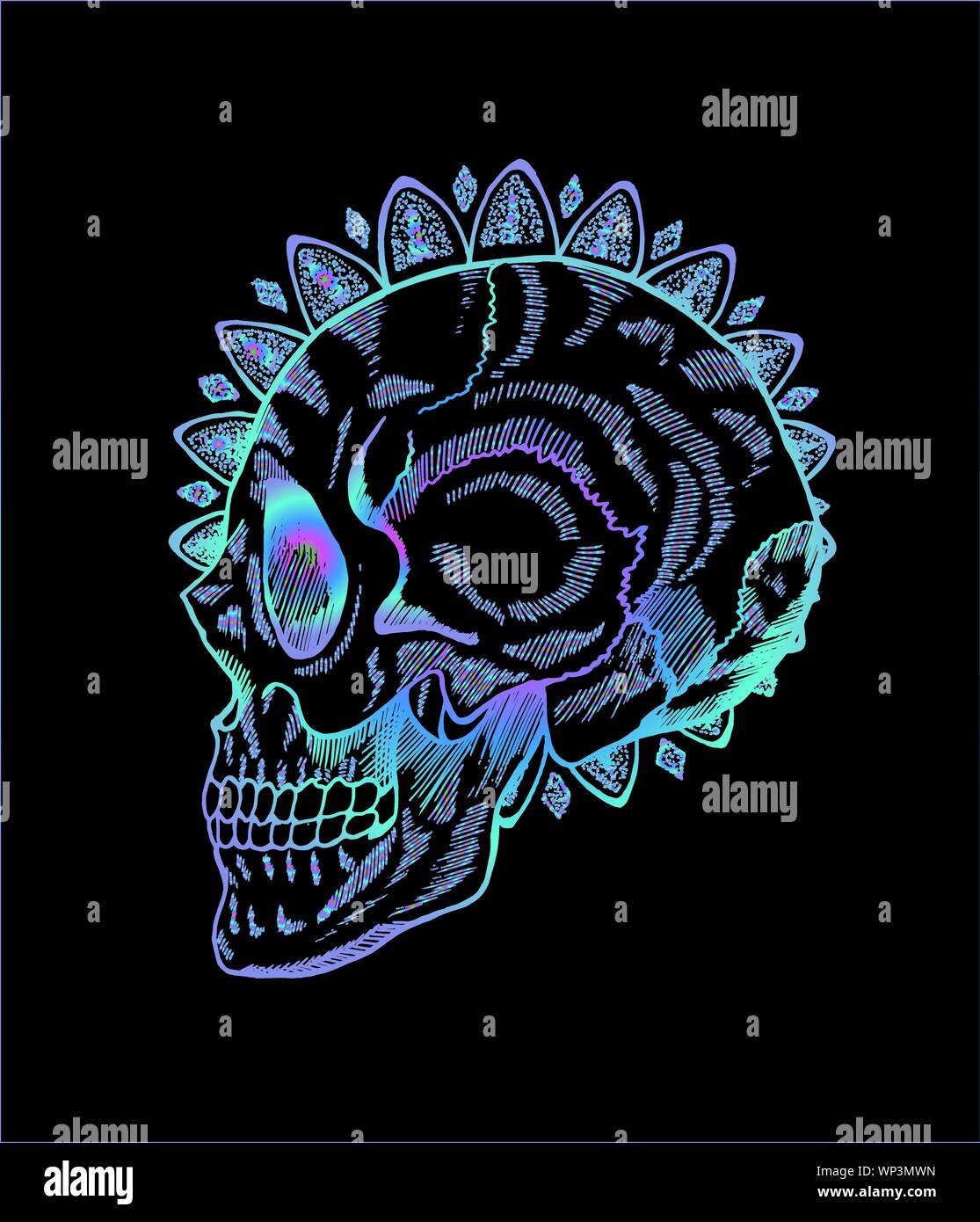 Color pattern of skull illustration in profile. Skull and mandala in ...