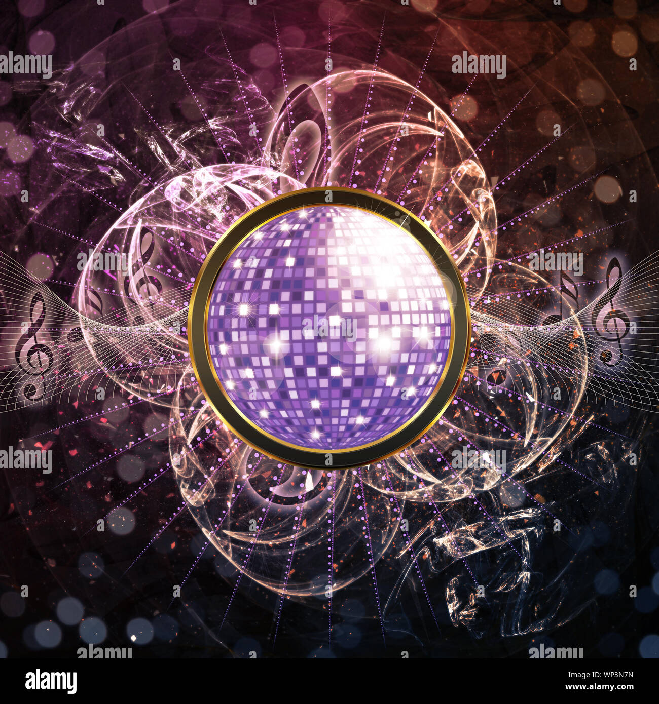 Illustration of abstract music poster with violet disco ball background ...