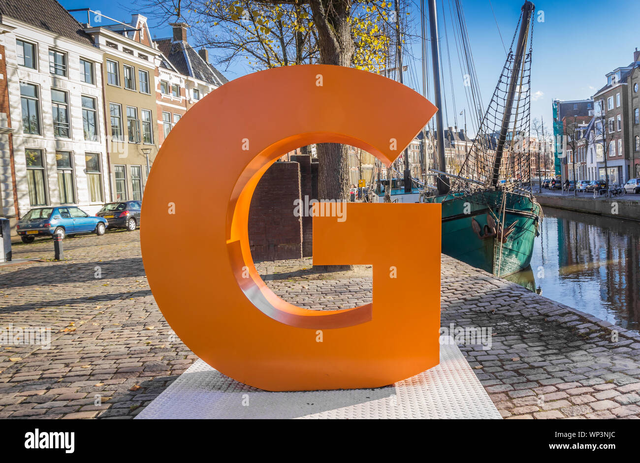 Big orange letter G in the historic center of Groningen, Netherlands ...