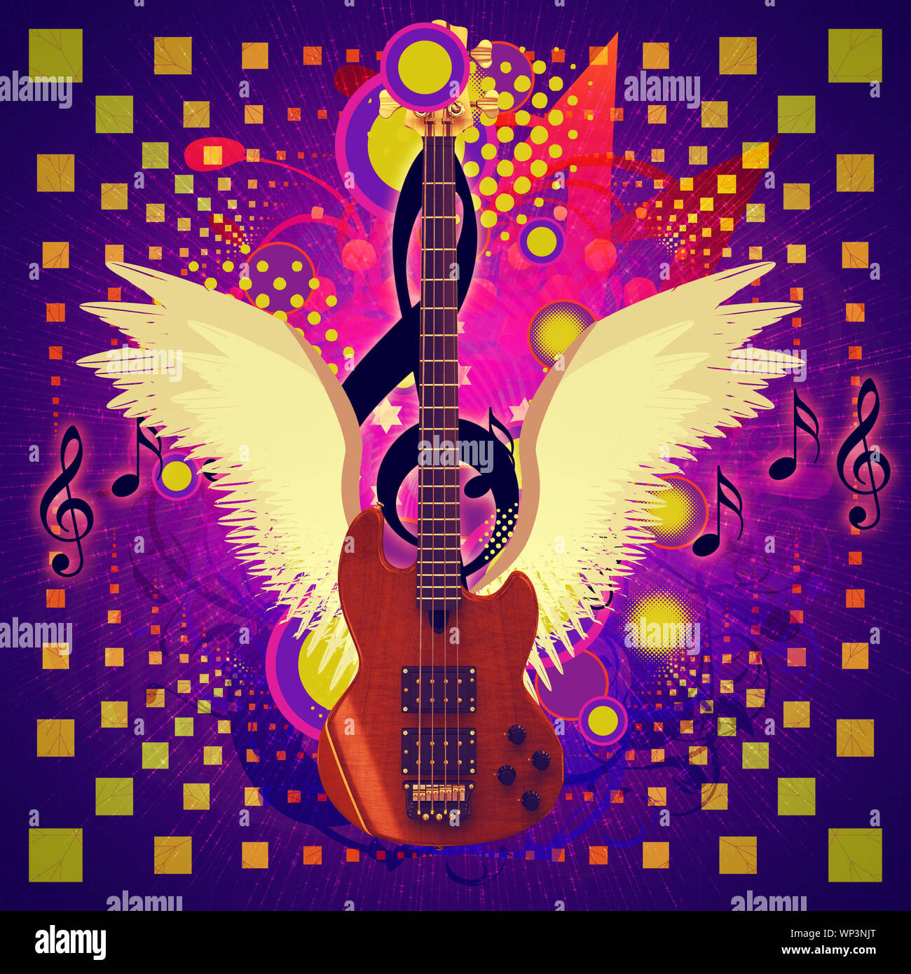 Illustration of abstract musical background and guitar with wings Stock ...
