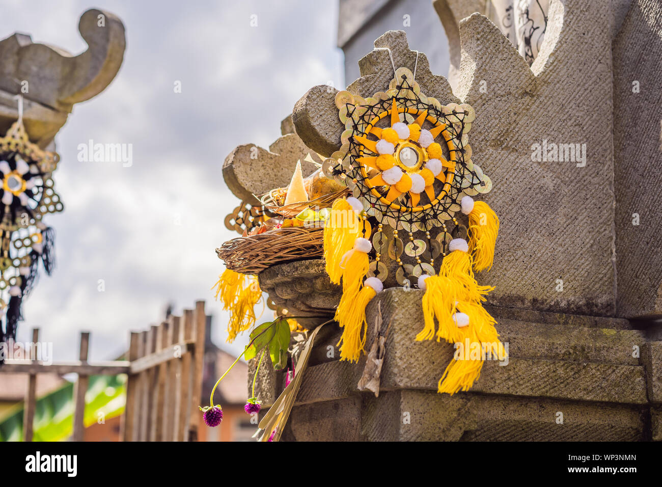 Traditional balinese offerings to gods in Bali with flowers and ...