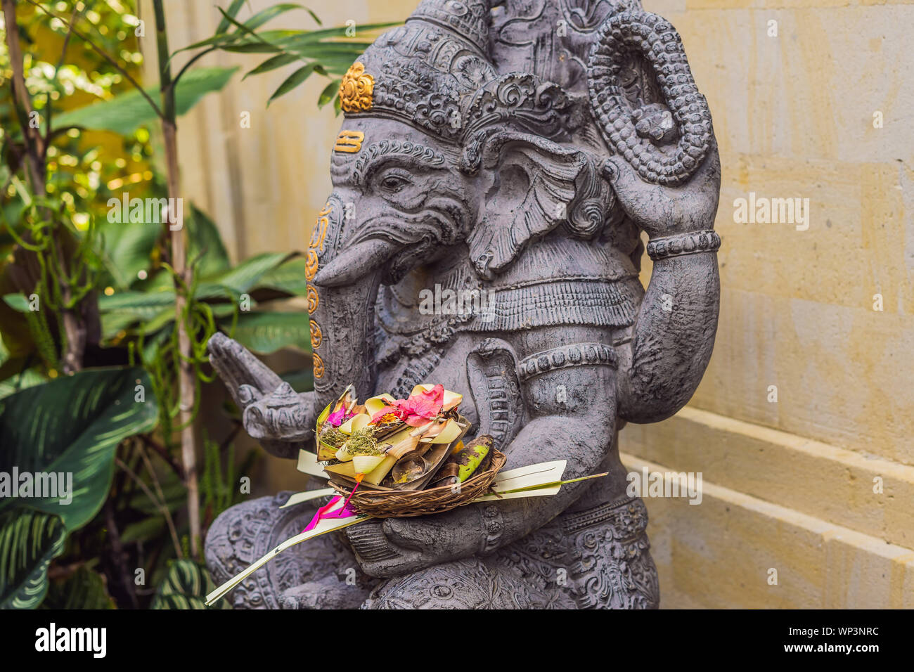 Traditional balinese offerings to gods in Bali with flowers and ...