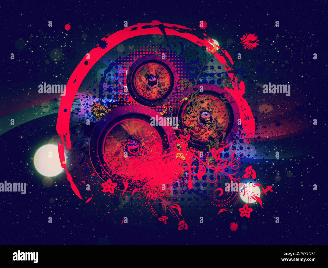 Musical sound loudspeaker grunge paint splatters with floral design ...