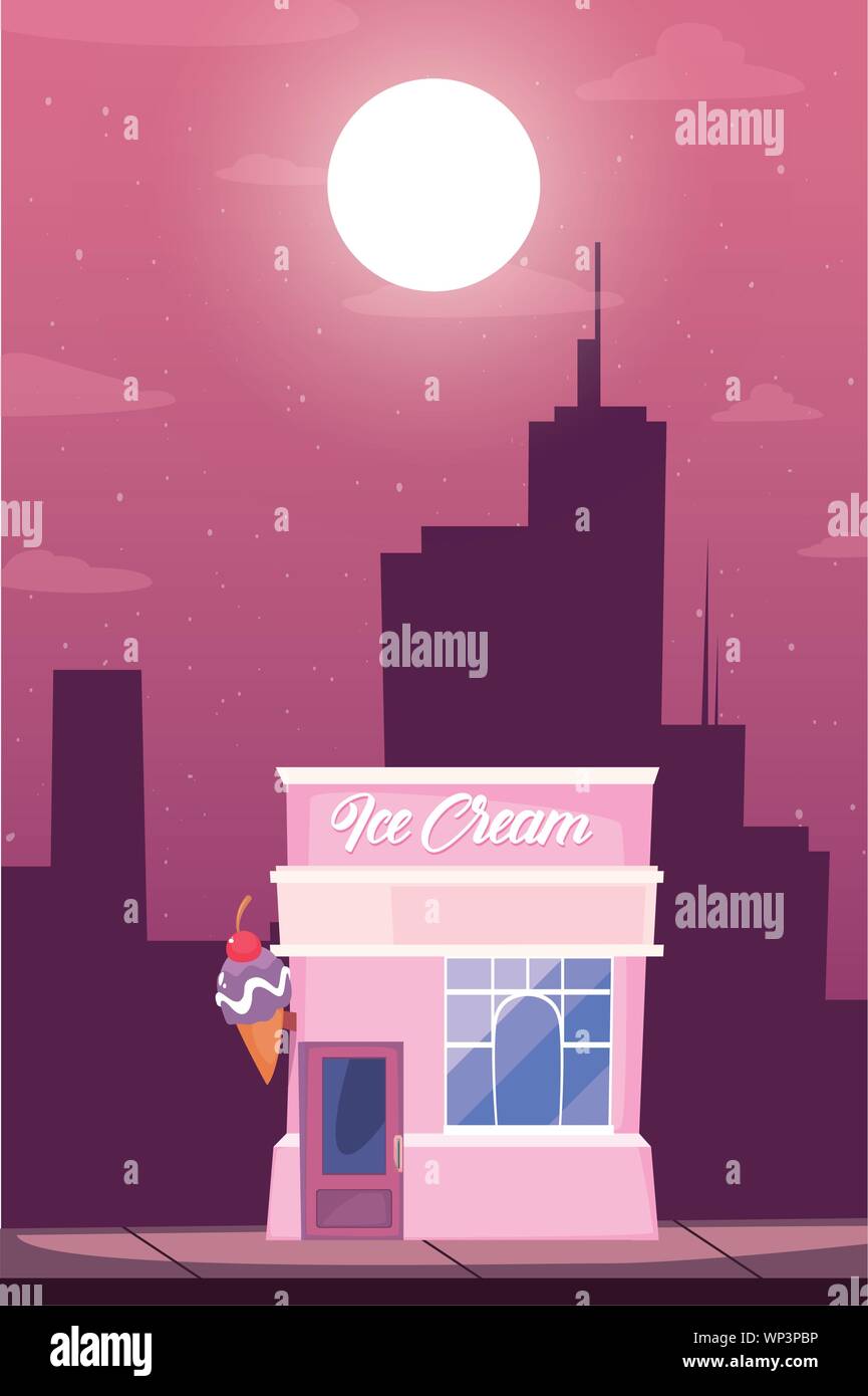 ice cream night city street market commerce flat design vector ...