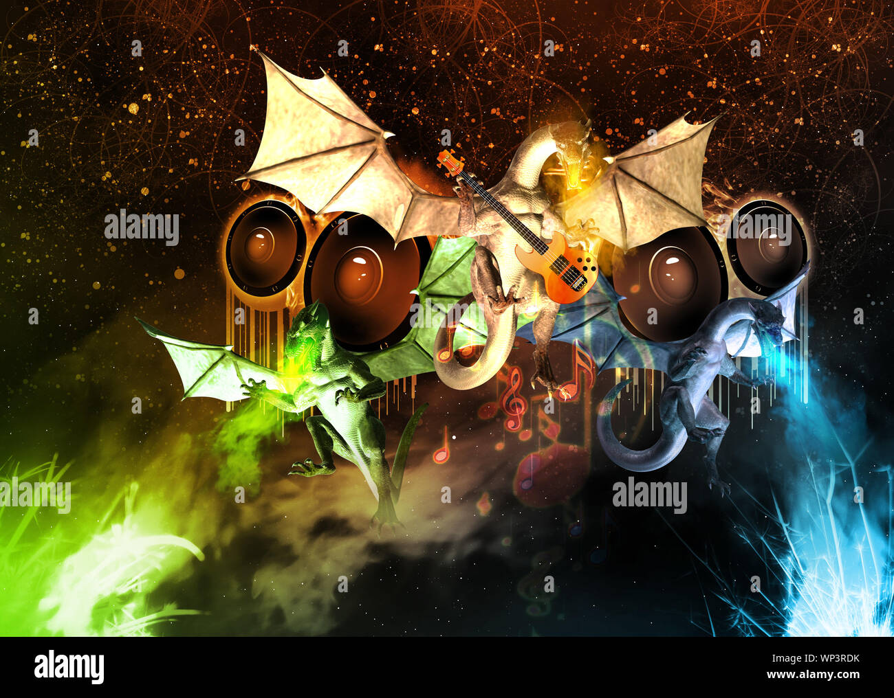 Three dragons with music notes, sound speakers and guitar. 3d ...