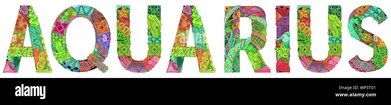 Hand-painted art design. Hand drawn illustration word Aquarius for t ...