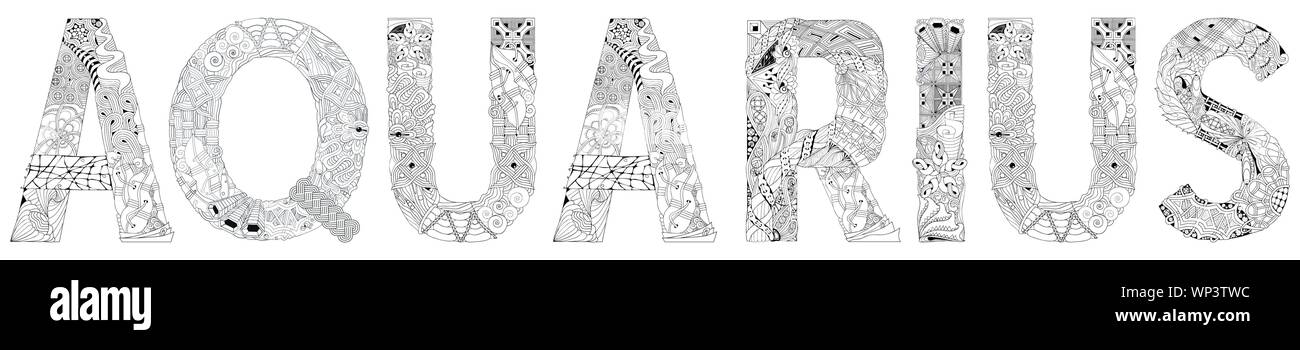 Hand-painted art design. Hand drawn illustration word Aquarius for t ...