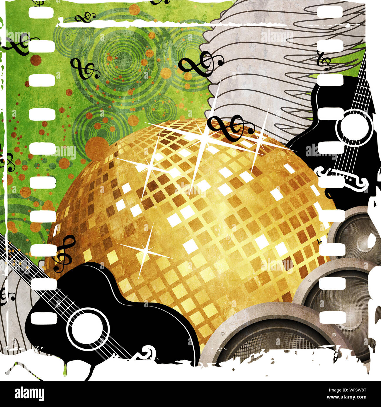 Grunge green music background with golden disco ball, speaker and ...