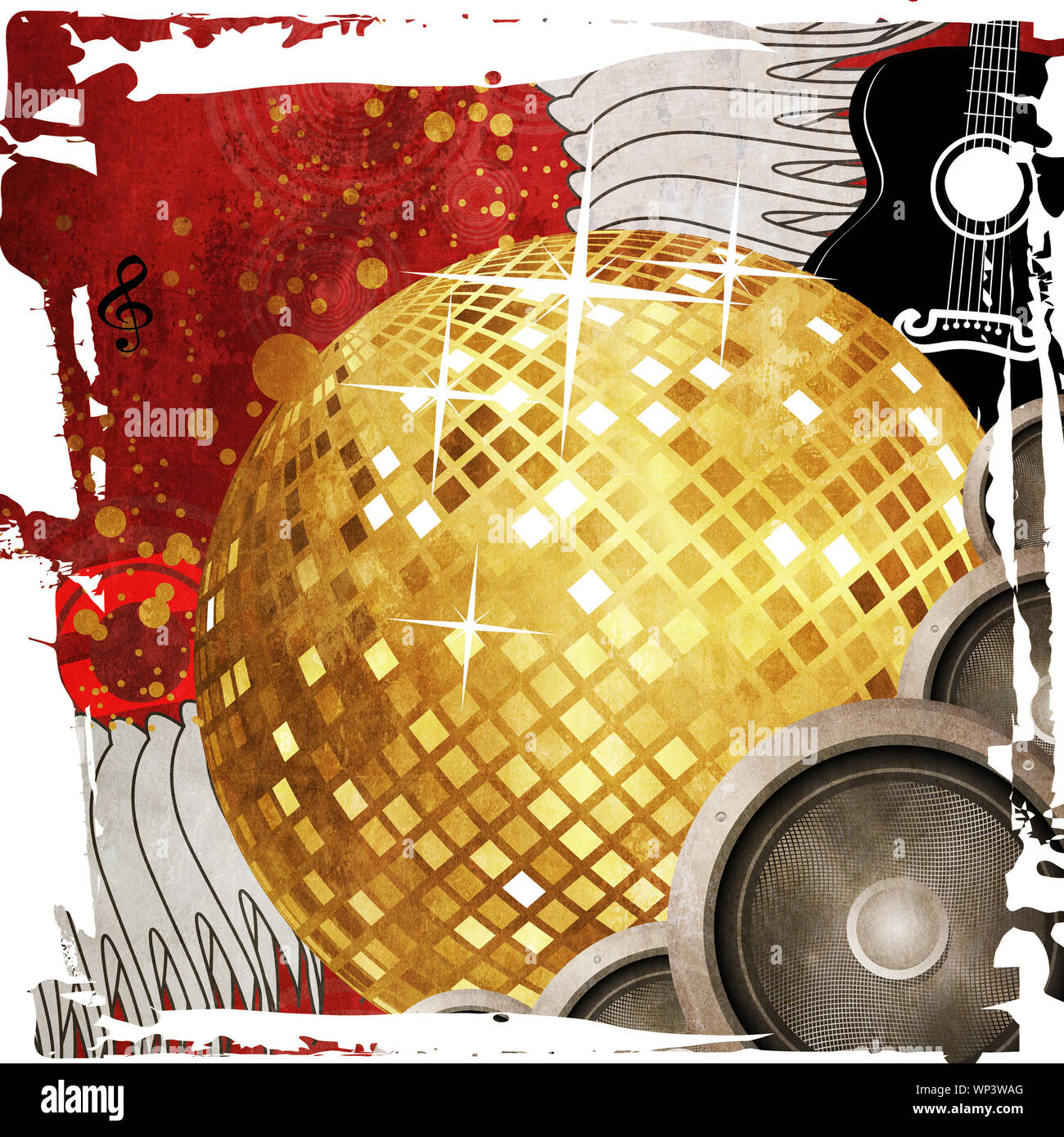 Grunge red music background with golden disco ball, speaker and guitar ...