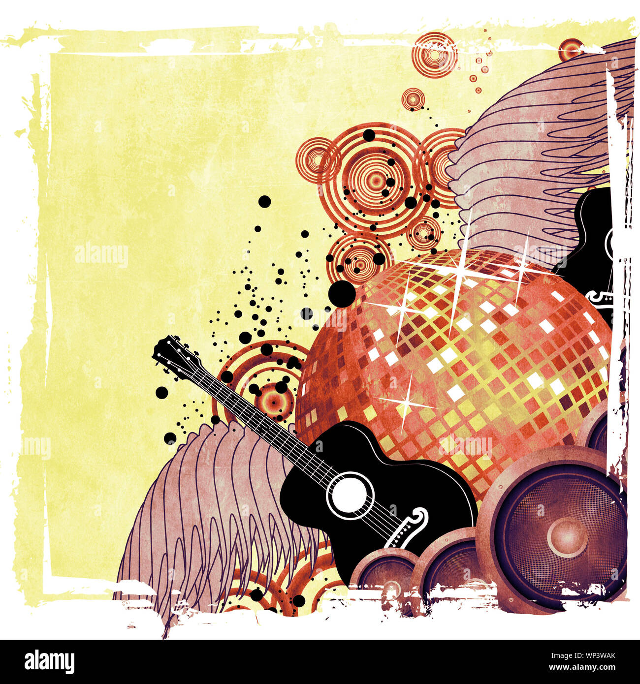 Grunge yellow music background with golden disco ball, speaker and ...